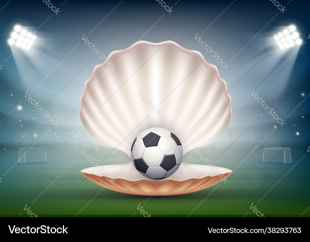 Soccer ball in a seashell on a stadium background Vector Image