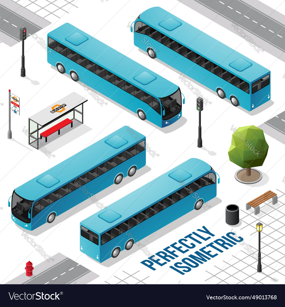 Blue long isometric bus from the front back right Vector Image Blue long isometric bus from the front back right Vector Image