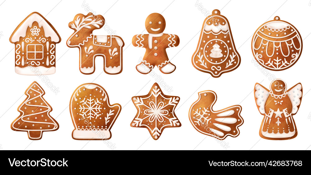 Realistic christmas gingerbread cookies icon set Vector Image