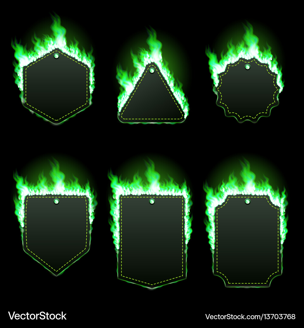 Set of six frames surrounded with green flame Vector Image