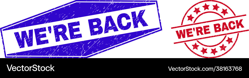 We re back grunge stamps in circle and hexagonal Vector Image