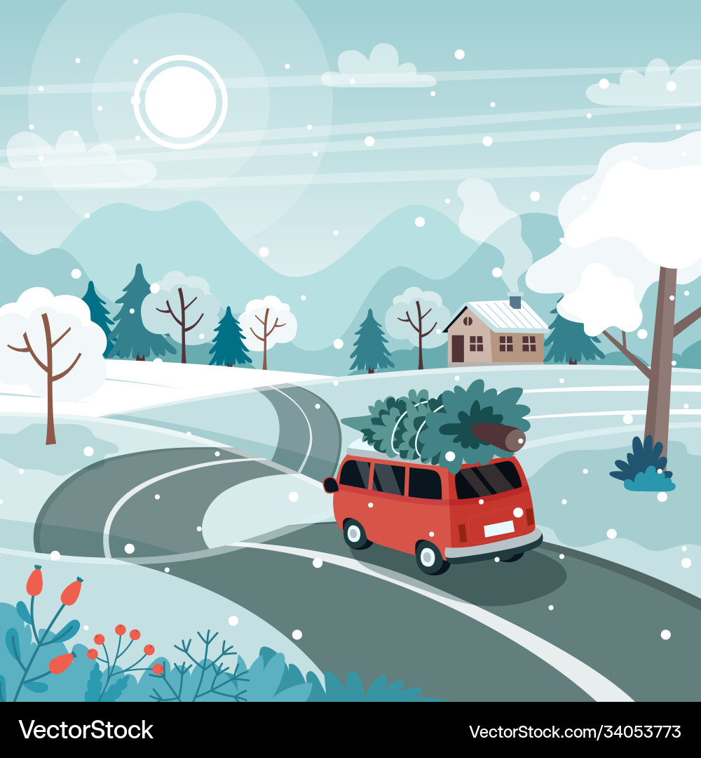 Car with christmas tree on road cute winter Vector Image