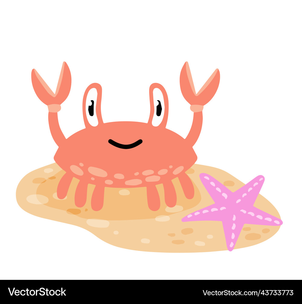 Funny crab on beach pink seashell Royalty Free Vector Image