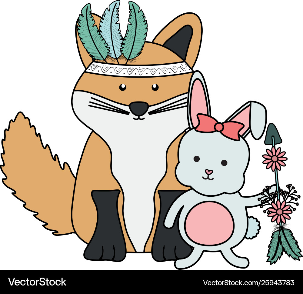 Cute fox and rabbit with feathers hat and arrow Vector Image