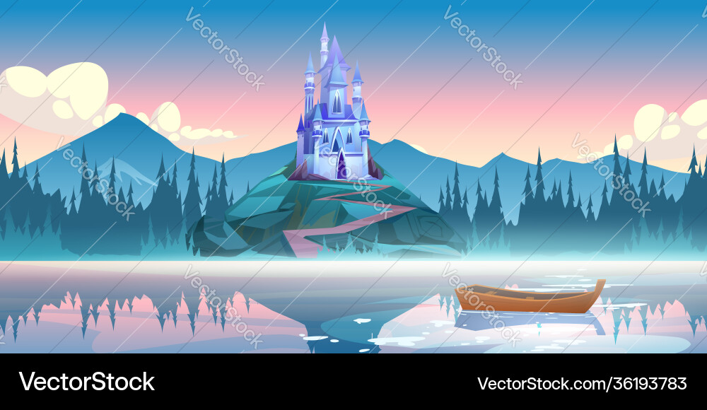 Fantasy blue castle on rock at morning Royalty Free Vector
