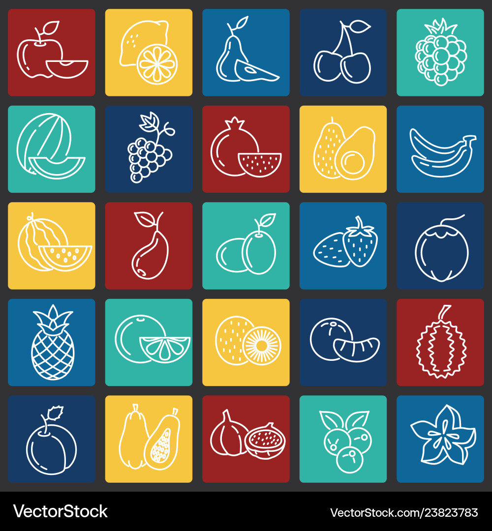 Fruit icons set on color squares background Vector Image