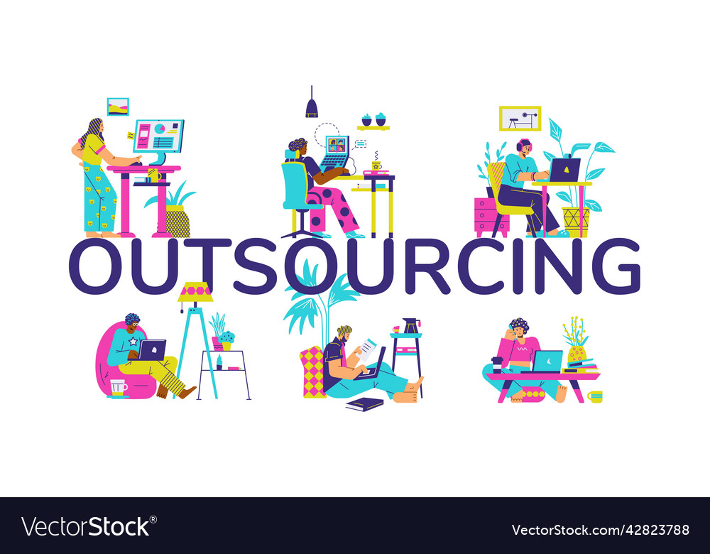 Outsourcing concepts with people working remotely Vector Image
