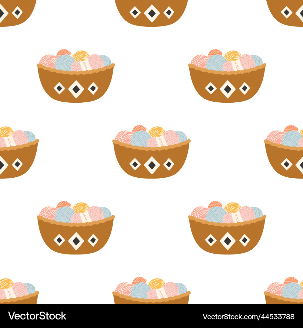Seamless pattern of cartoon basket with threads Vector Image