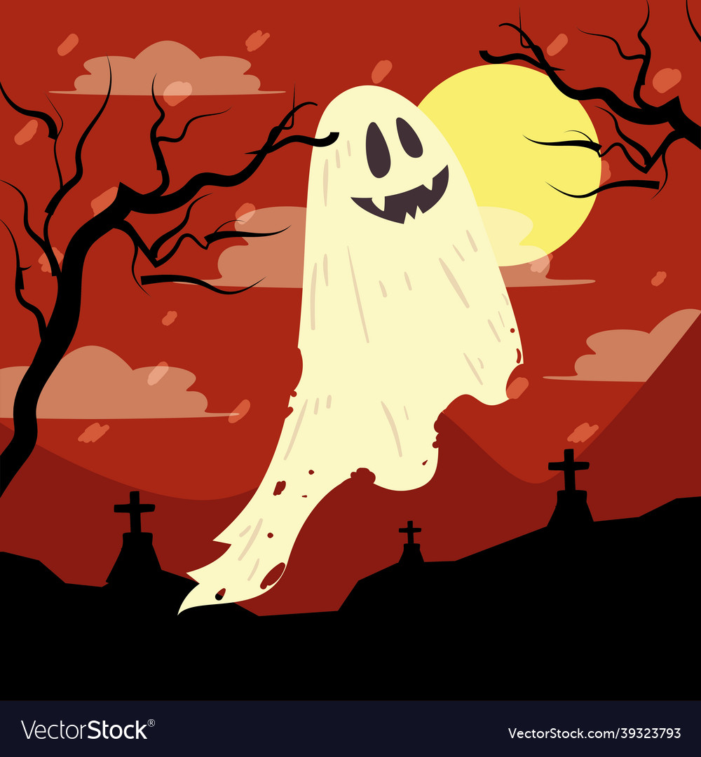 Halloween ghost in cemetery Royalty Free Vector Image
