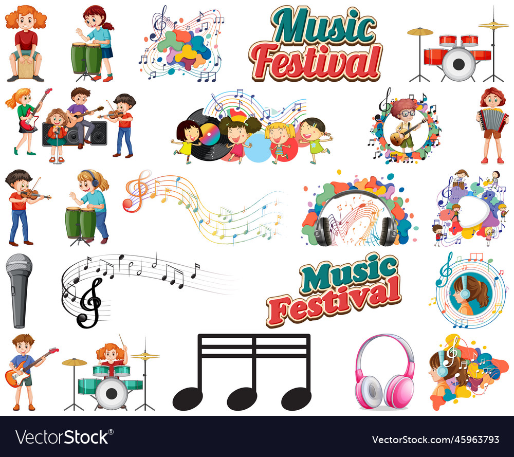 Kids musical instruments and music symbols set Vector Image