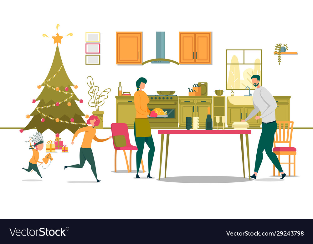 Festive christmas dinner in family with children Vector Image
