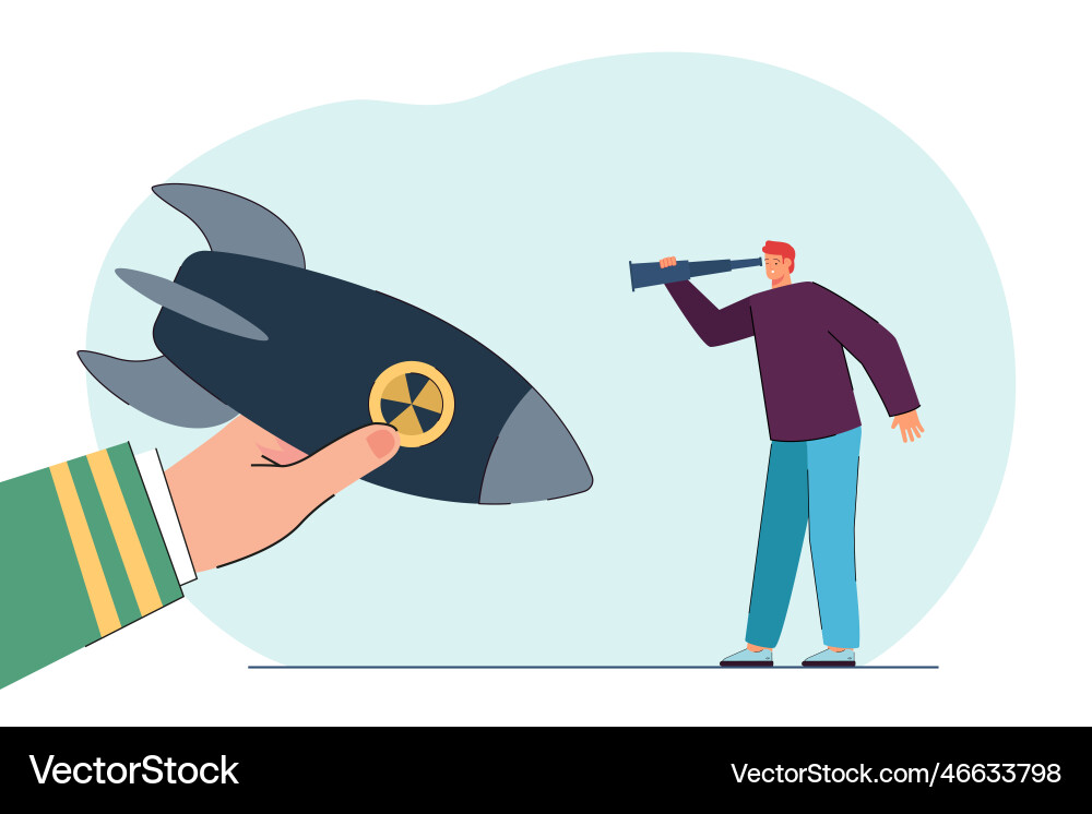 Man looking at big hand holding nuclear bomb Vector Image