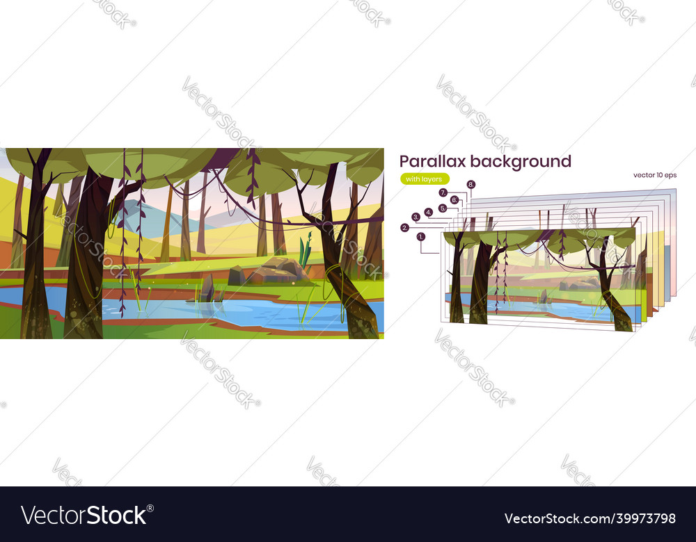 Parallax background with brook in forest Vector Image