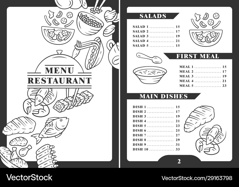 Restaurant menu cover template fish pasta chicken Vector Image