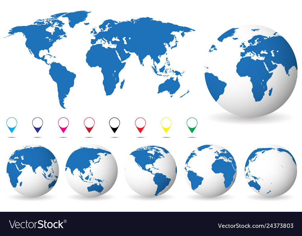 Set of globes with different continents and a map Vector Image