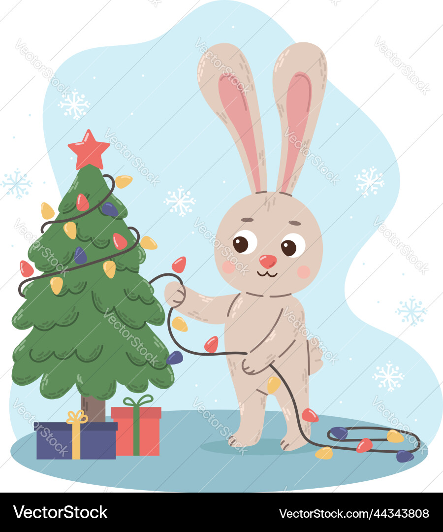 Cartoon rabbit decorates the christmas tree Vector Image