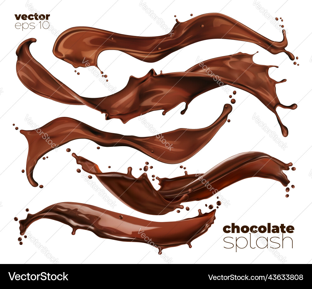 Chocolate and cocoa milk wave splash isolated set Vector Image