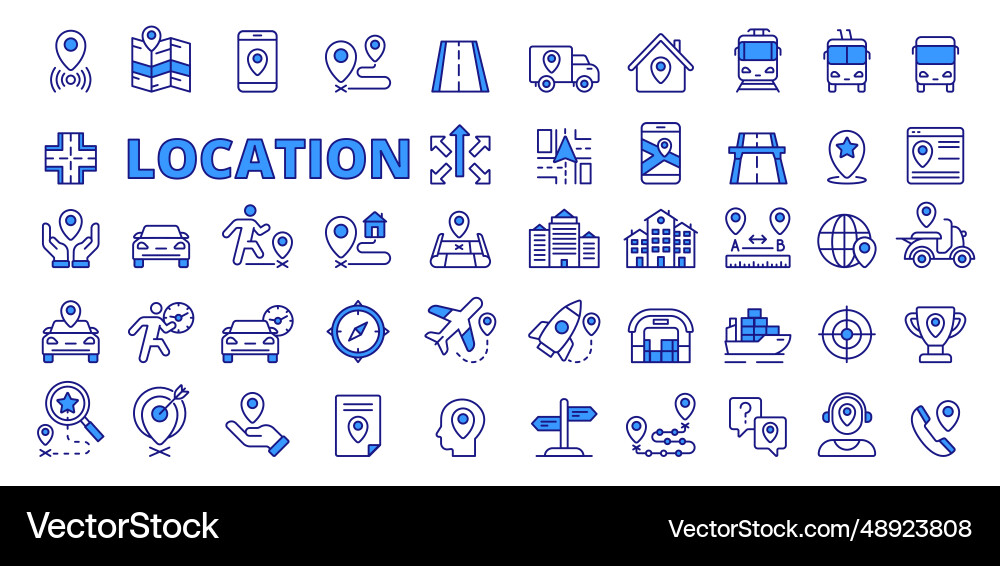 Location icons in line design blue map Royalty Free Vector