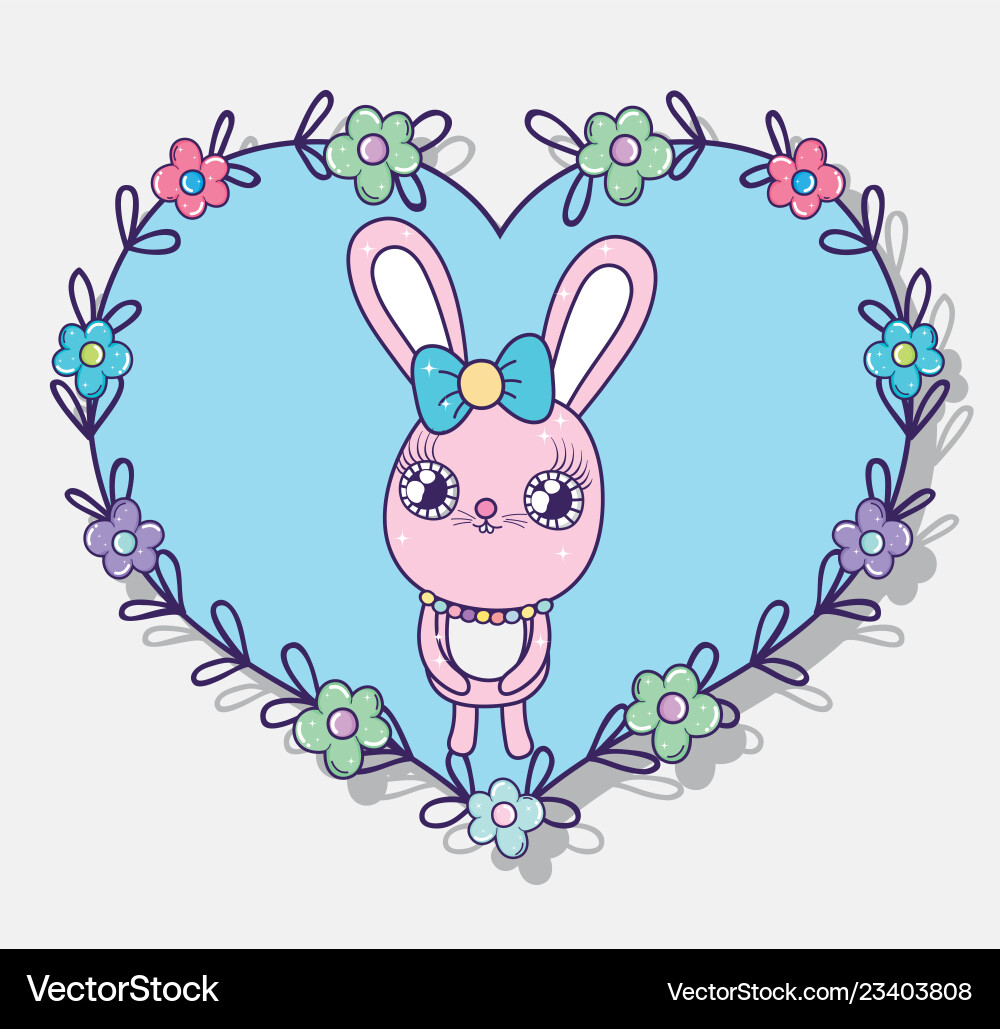 Rabbit inside heart shape with flowers and leaves Vector Image