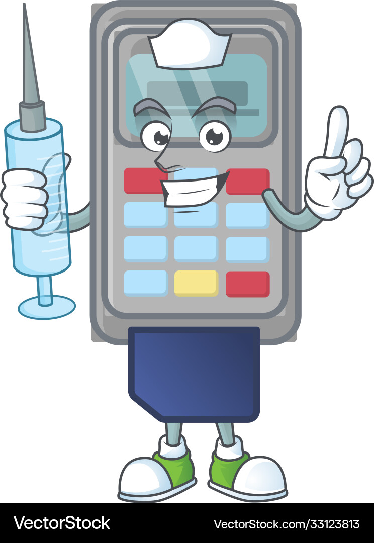 Smiley nurse pos machine character with a syringe Vector Image