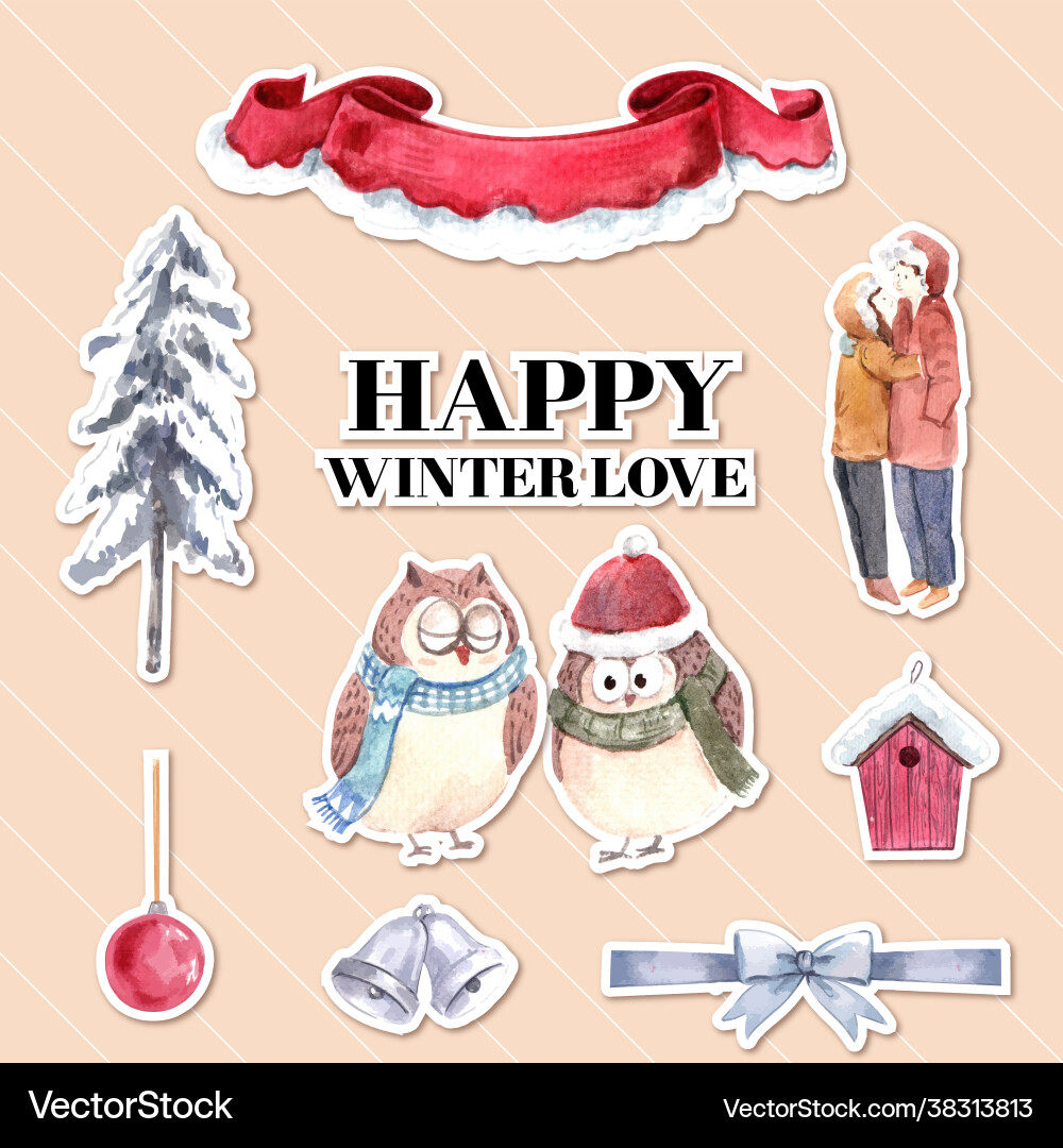Sticker template with winter love concept design Vector Image