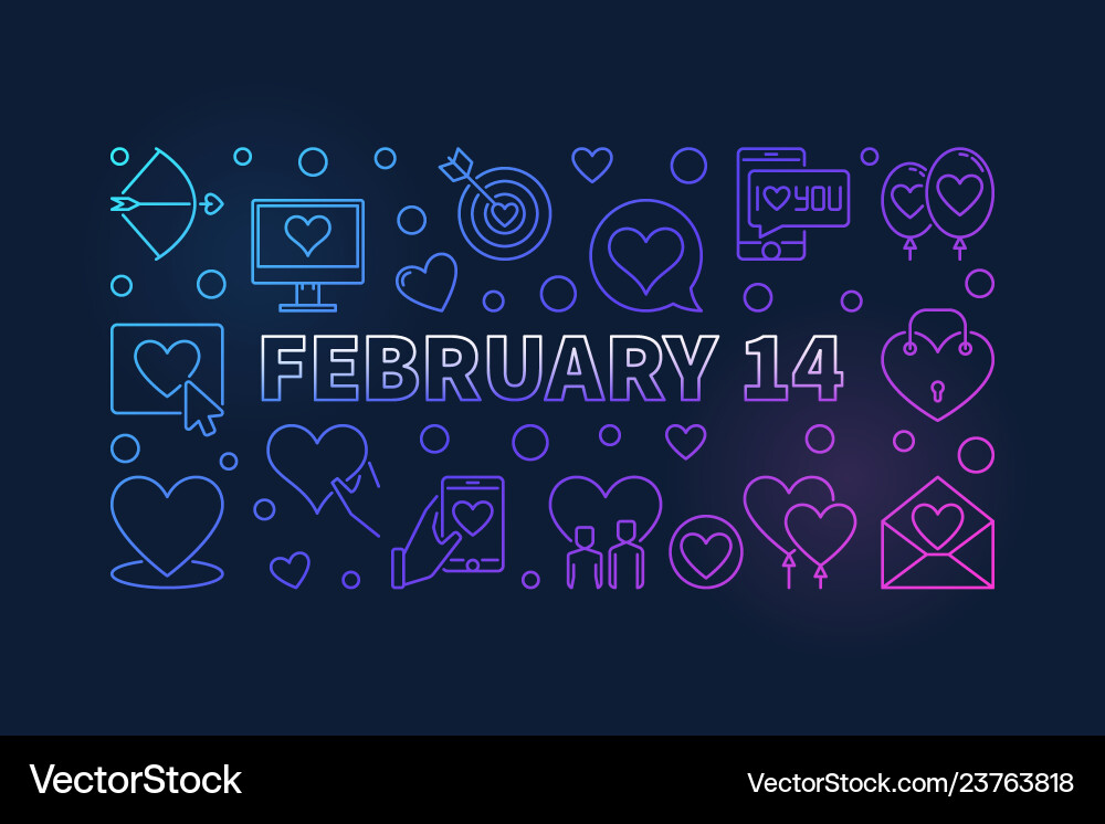 February 14 outline colored banner on dark Vector Image