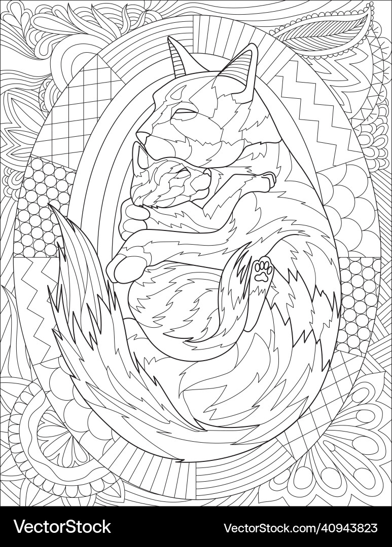 Cat mother line drawing holding small kitten Vector Image