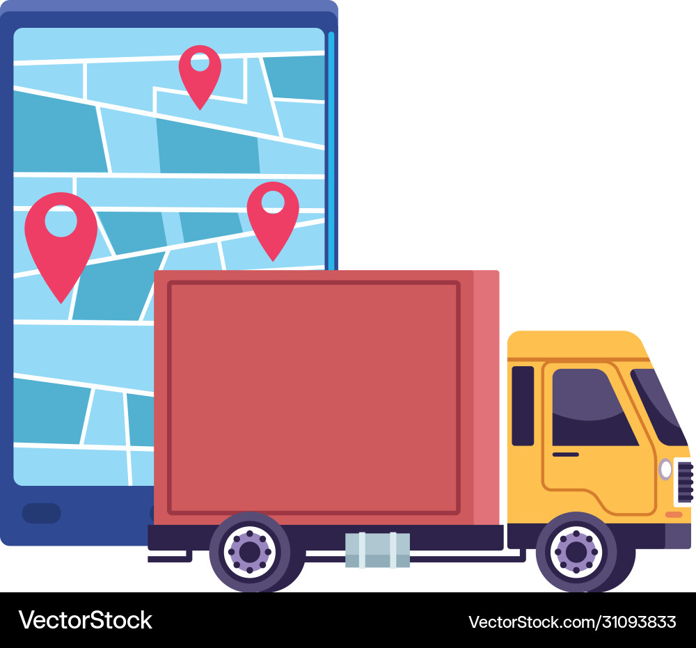 Smartphone with delivery application and truck Vector Image