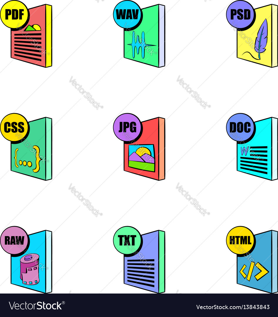 Download file icons set cartoon style Royalty Free Vector