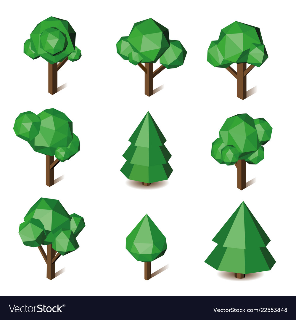 Low poly green triangle pixel tree set Royalty Free Vector
