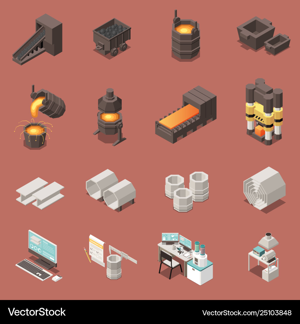 Metal industry isometric icons set Royalty Free Vector Image