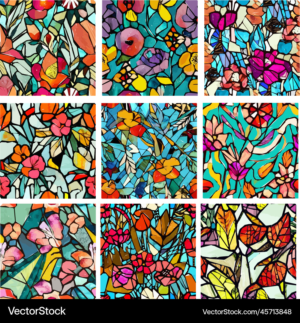 Set of stained glass abstract flora patterns Vector Image
