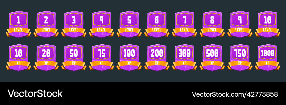 Purple badges with level number and xp points Vector Image