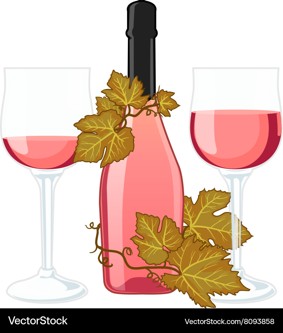 Rose wine bottle with two filled glasses Vector Image