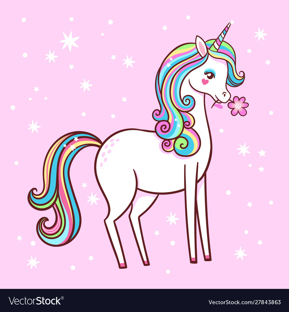 Cute Unicorn Stands On A Pink Background Vector Image