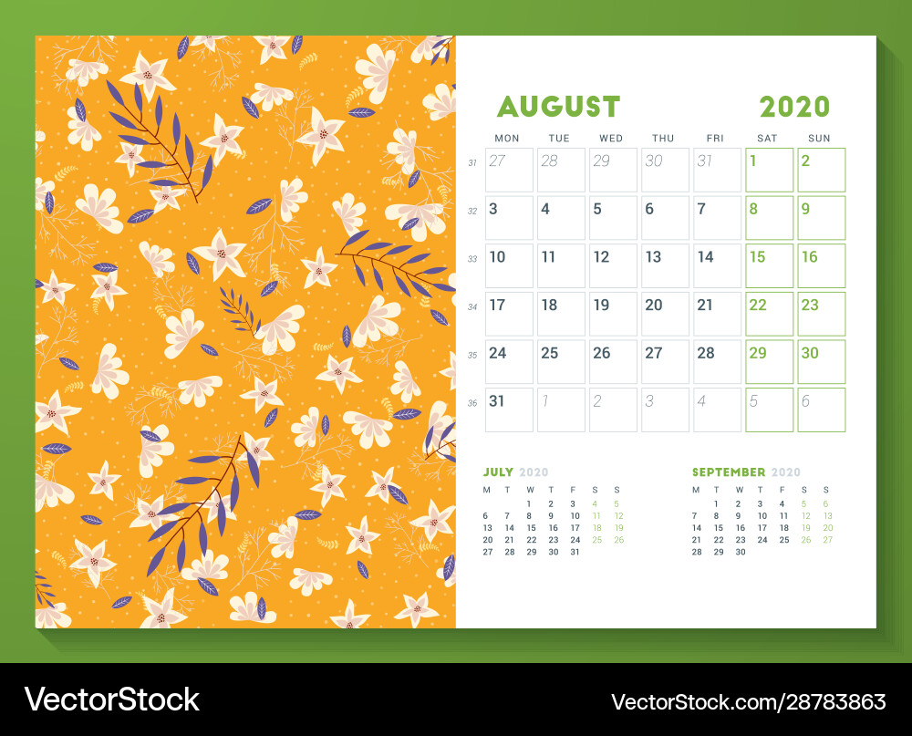 Desk calendar template for august 2020 week Vector Image
