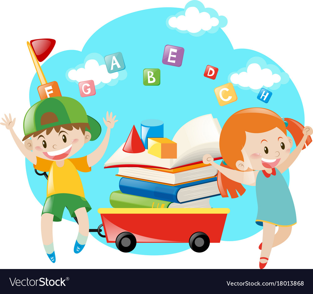 Boy and girl with books on wagon Royalty Free Vector Image