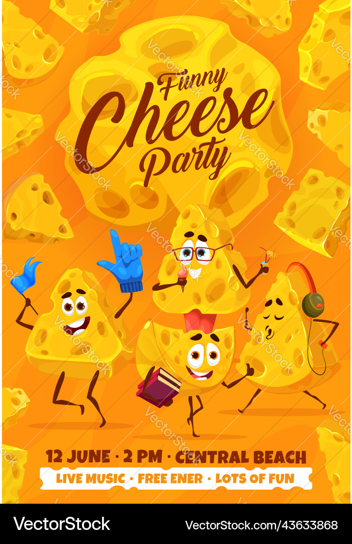 Cheese party flyer cartoon characters fun Vector Image