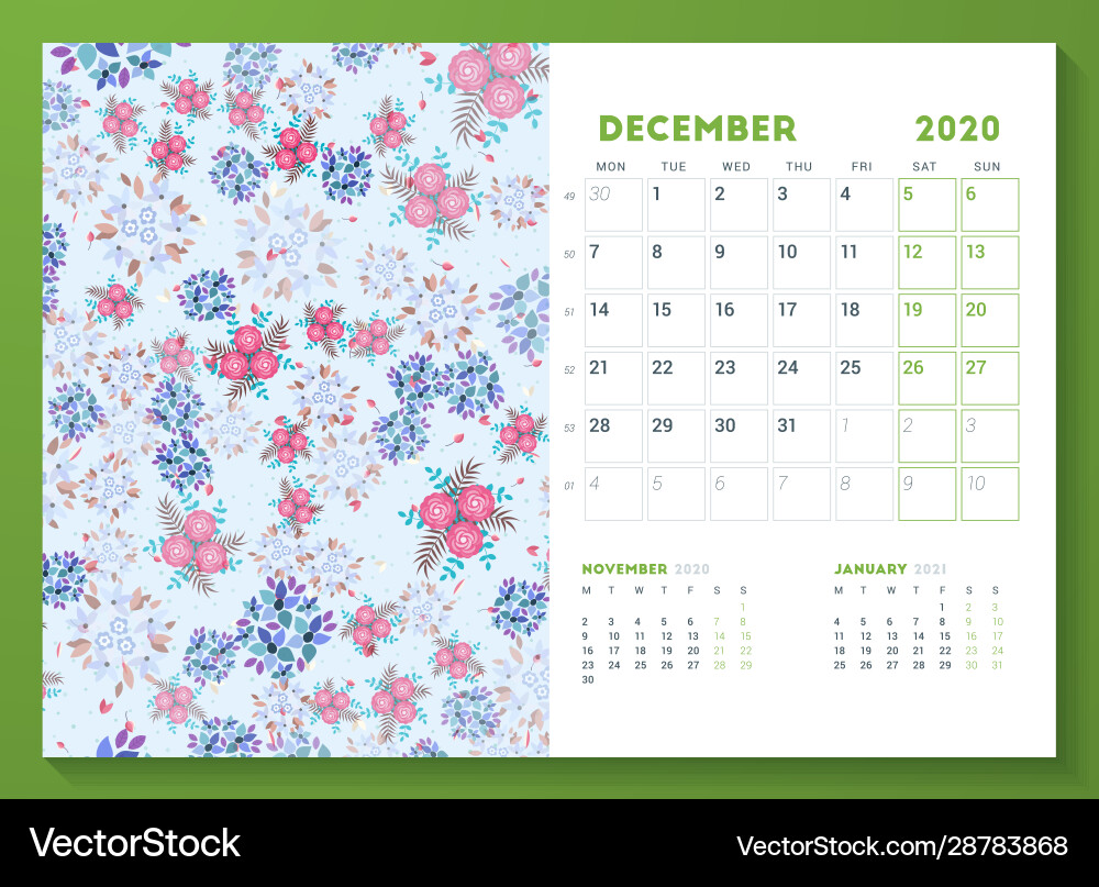 Desk calendar template for december 2020 week Vector Image