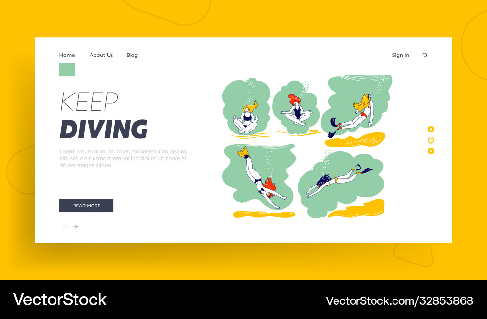 Freediving landing page template female Royalty Free Vector