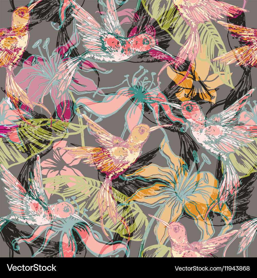 Hand drawn tropical background with colibri Vector Image