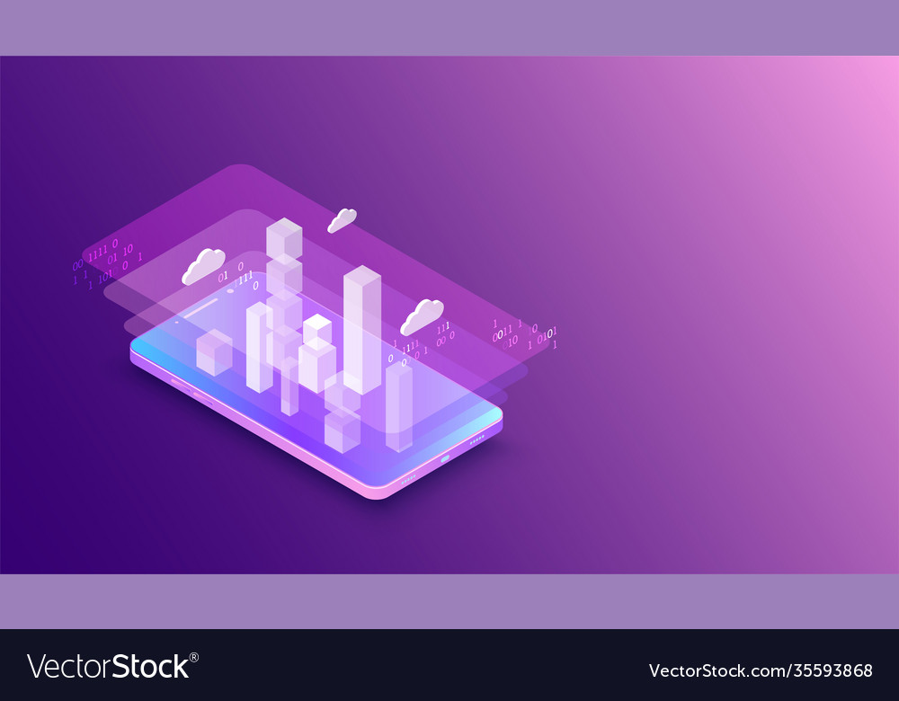 Isometric mobile phone ig data flow processing Vector Image