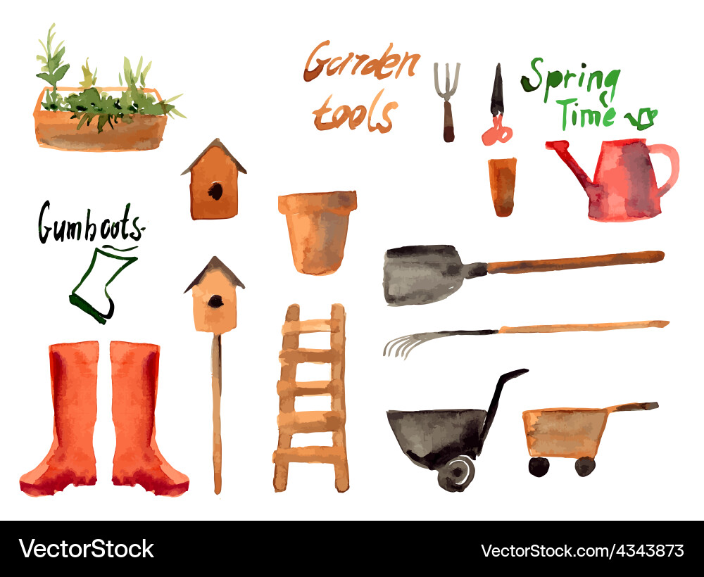 A set watercolor gardening tool Royalty Free Vector Image