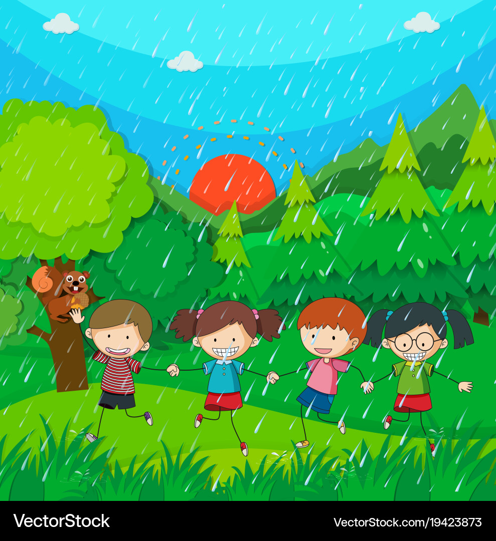 Raining scene with kids in the park Royalty Free Vector
