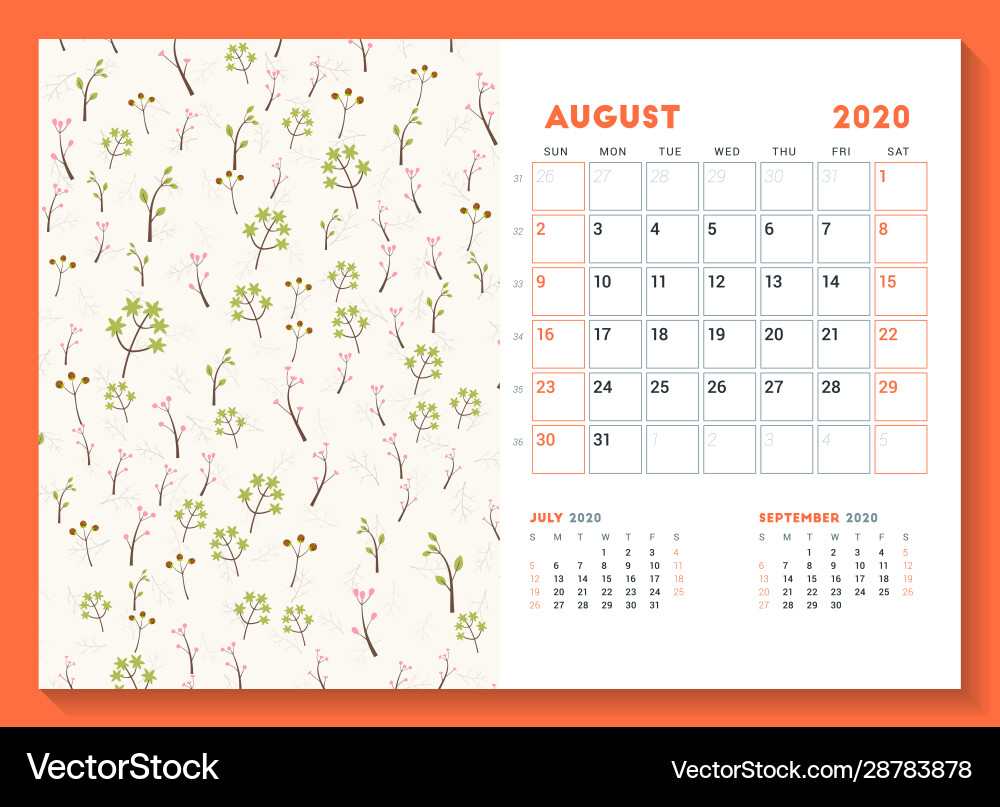 Desk calendar template for august 2020 week Vector Image