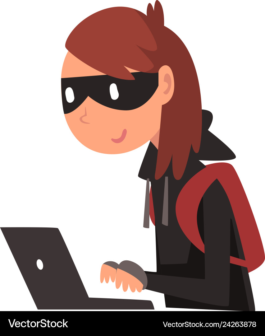 Female hacker in black mask stealing information Vector Image