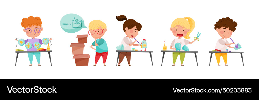 Creative kid at table engaged in handcraft Vector Image