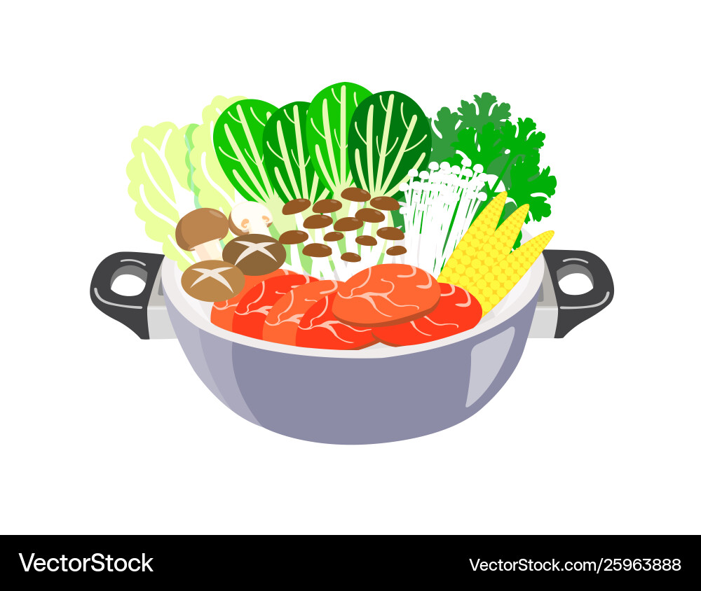 Hot pot with vegetables and meat Royalty Free Vector Image