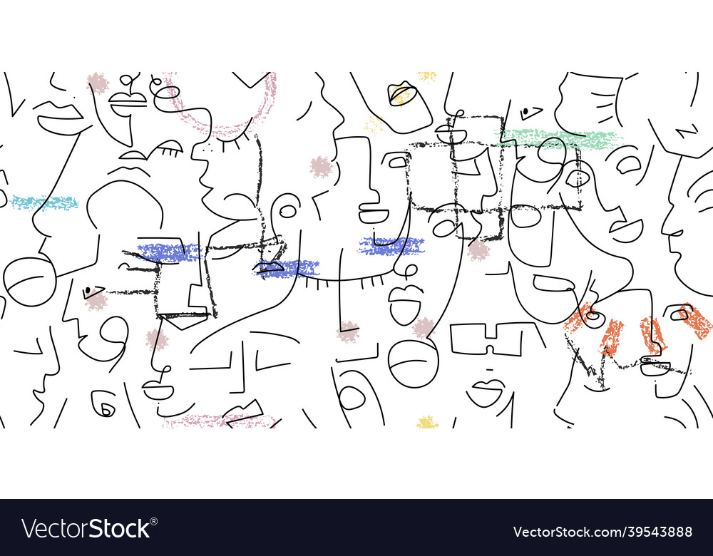 One Line Drawing Abstract Face Seamless Pattern Vector Image