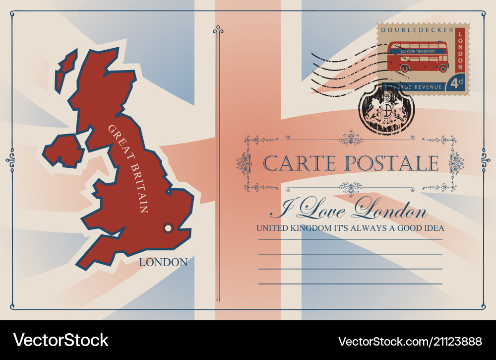 Postcard with map and flag great britain Vector Image
